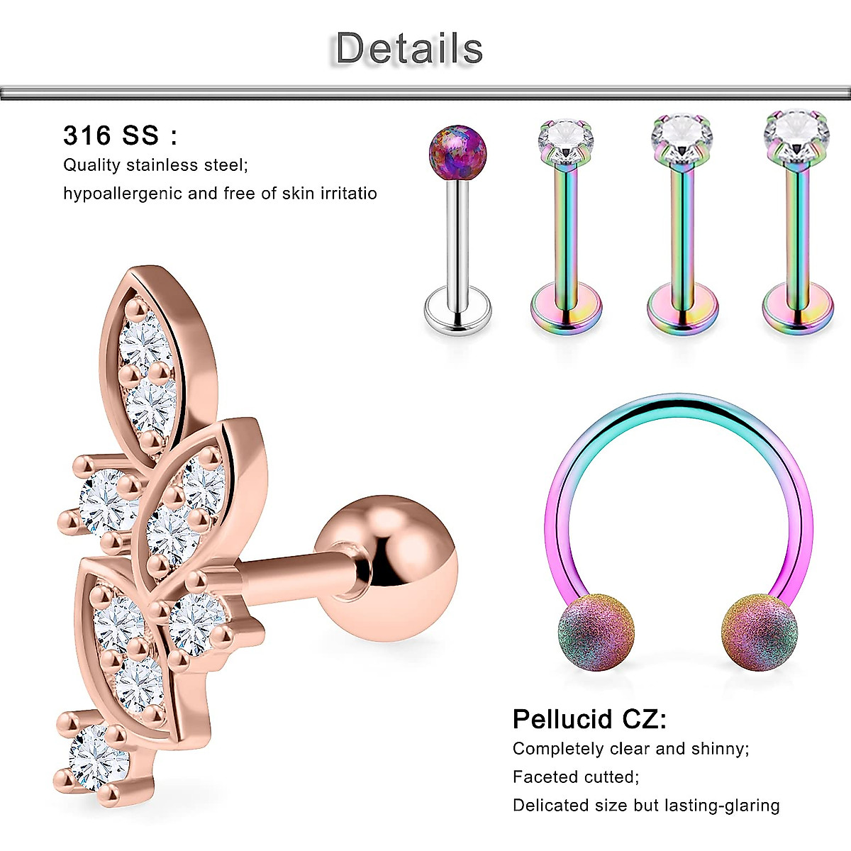 Yaalozei 16G Cartilage Helix Tragus Ear Earrings Stud Set Piercing Jewelry for Women 16 Gauge Stainless Surgical Steel Hypoallergenic Rook Daith Conch Earring Ring Hoop Piercings Jewelry Colorful Men