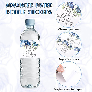 URROMA Wedding Water Bottle Labels, 50 Pcs Thank You White and Blue Rose Water Bottle Wraps Water Bottle Stickers for Birthday Baby Shower