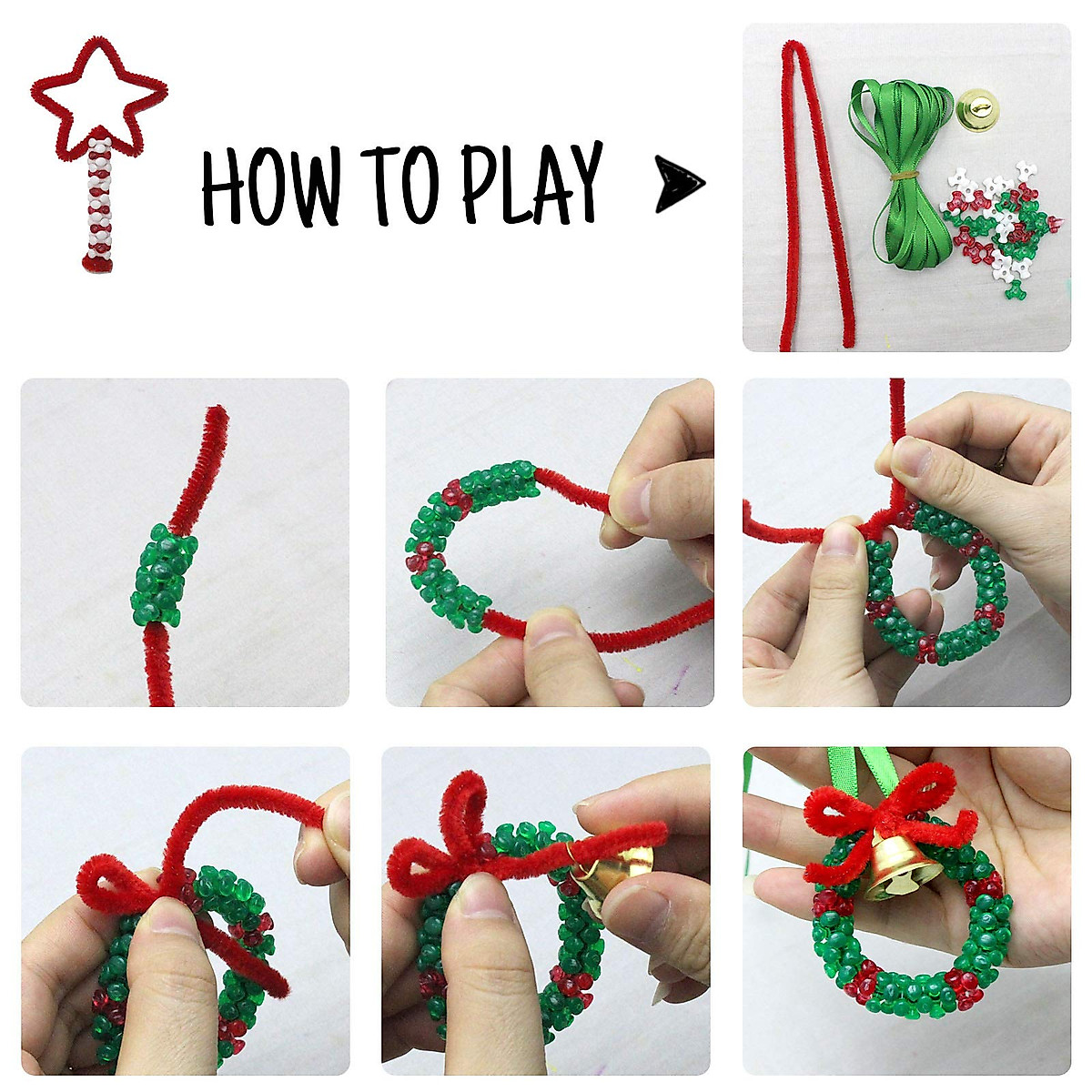 Hifunwu 1570 PCS Christmas Beaded Ornament Kit Christmas Tri-Shaped Beads Plastic Tri Beads with Pipe Cleaners Xmas Party Craft Wreath Candy Cane for Christmas Tree Hanging