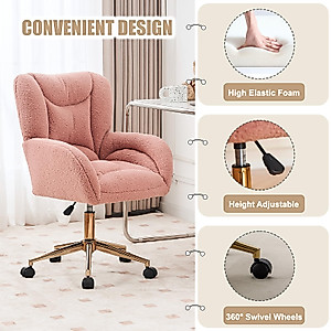 Anewome Swivel Office Desk Chair with Wheels Upholstered Sherpa Desk Modern Armchair Height Adjustable Computer Task Chair Boucle Makeup Vanity Desk with Gold Metal Frame, 38.2" H Pink