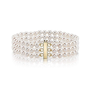 The Pearl Source 14K Gold 6-7mm AAAA Quality Round White Triple Freshwater Cultured Pearl Bracelet for Women