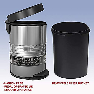 nu steel 5 Liter Round Small Metal Step Trash Can Wastebasket, Garbage Container Bin - for Bathroom, Powder Room, Bedroom, Kitchen, Office - Removable Liner Bucket - 8" x 8" x 12" – Shiny Steel