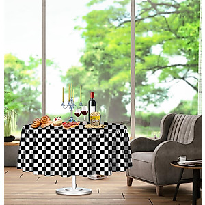 3 Pack Black and White Round Checkered Tablecloth 84 ×84 Checkered Table Cover Disposable Tablecloth for Round Tables Race Car Theme Party Birthday Picnic Camping Checkered Round Plastic Table Cloth