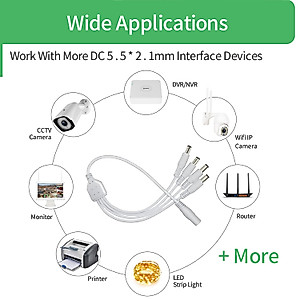Security-01 2-Pack 1 to 4 Way DC Power Splitter Cable, Plug 5.5mm x 2.1mm, for CCTV Camera, LED Strip Light and More,White