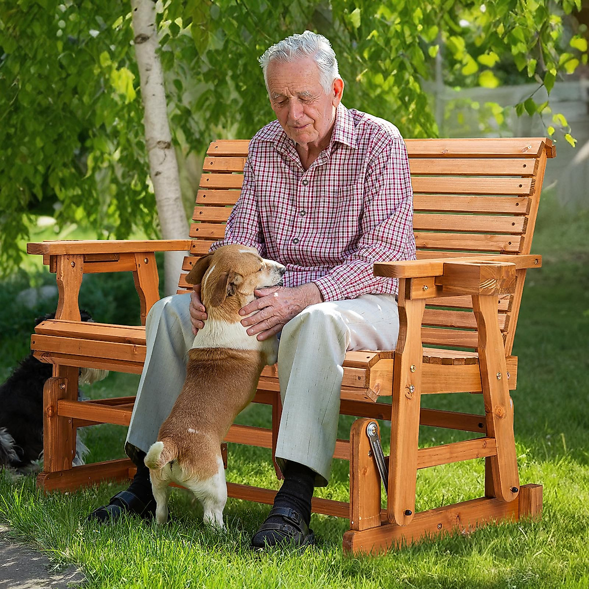 VINGLI Outdoor Glider Bench Wood Patio Glider with Cup Holders, Porch Glider Chair Outdoor Bench Glider Loveseat with Smooth Rocking Mechanism, Heavy Duty 800 LBS