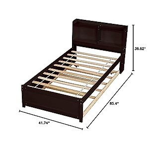 Harper & Bright Designs Twin Bed with Trundle, Twin Bed Frame with Bookcase Headboard, Wood Twin Platform Bed with Pull Out Trundle Bed for Kids Girls Boys,No Box Spring Needed,Espresso