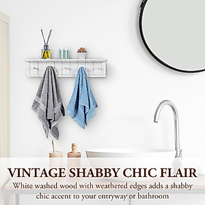 MyGift Wall Mounted 5-Hook Vintage White Wood Floating Bathroom Shelf & Towel Rack