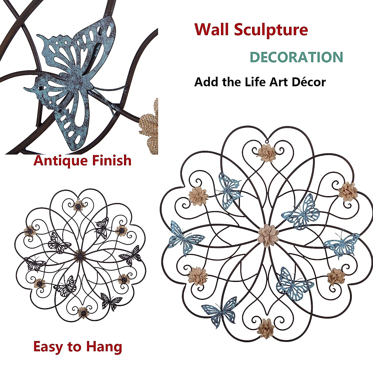 Homebeez Metal Wall Decor- Butterfly Wall Sculpture Flower Wall Hanging Art Decorations for Front Porch Living Room Bedroom Office Indoor Outdoor Garden (Butterfly-3)