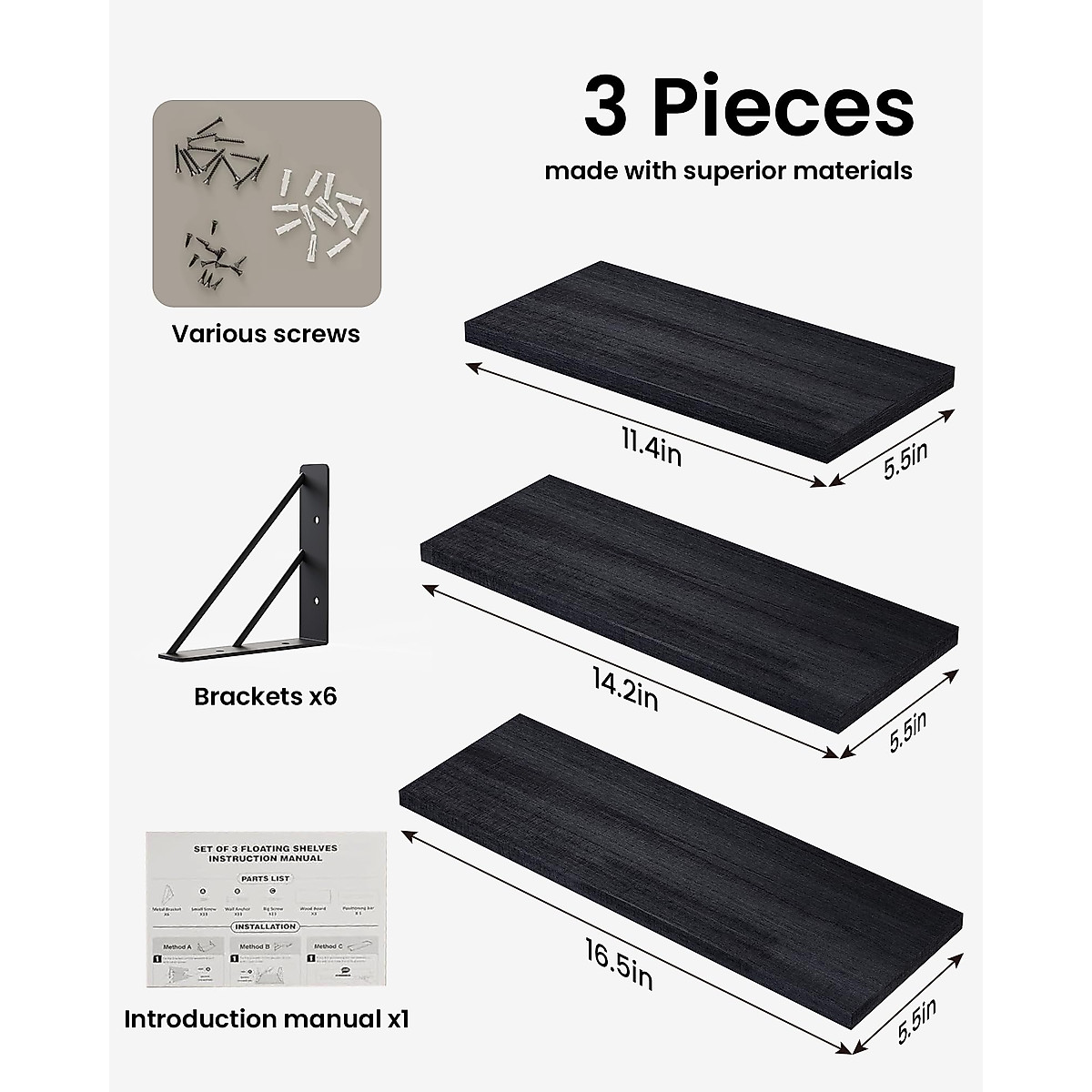 BAYKA Wall Shelves for Bedroom Decor, Floating Wall Shelves for Living Room Kitchen Storage, Wall Mounted Rustic Wood Floating Shelves for Kids Books, Small Shelf for Bathroom(Black，Set of 3)