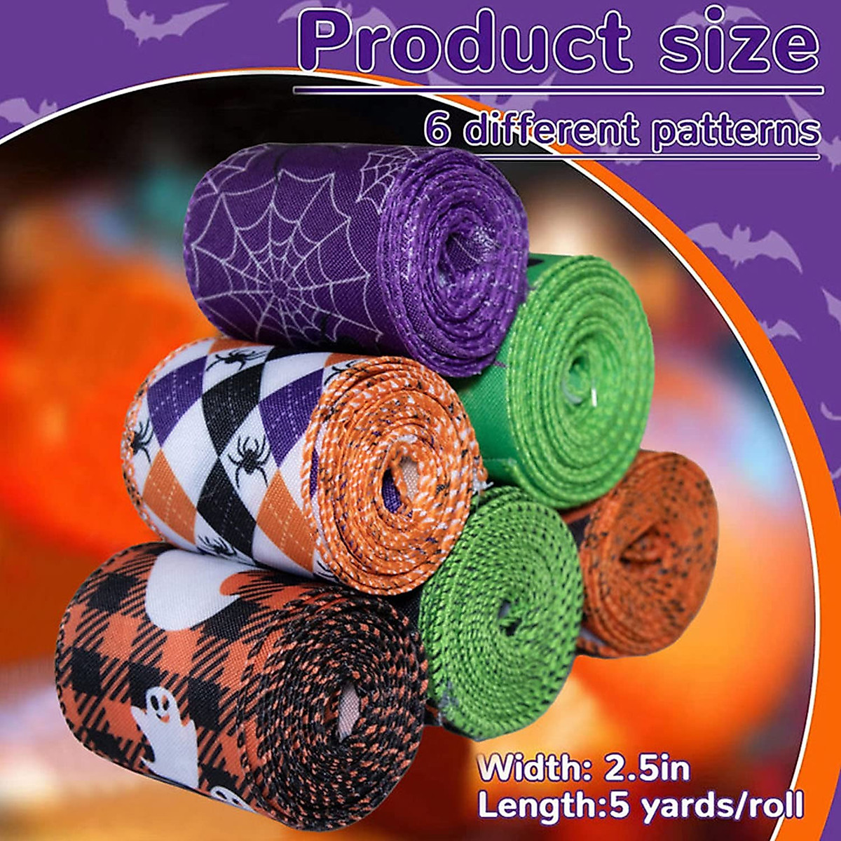 wency Ribbon Wired 2.5 Inch, 6 Rolls 30 Yards wency Ribbon,Pumpkin/Ghost/Spider Web/Stripe/Hat/Plaid wency Ribbon for Wreaths Bows Gift Wrapping Party Decor DIY Fall Rustic Crafts