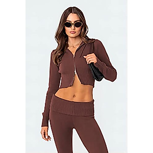 Zhiyouni Women's Kintted 2 Piece Outfits Long Sleeves Zip Up Hooded High Waist Skinny Pants Set Loungewear (Brown-L)