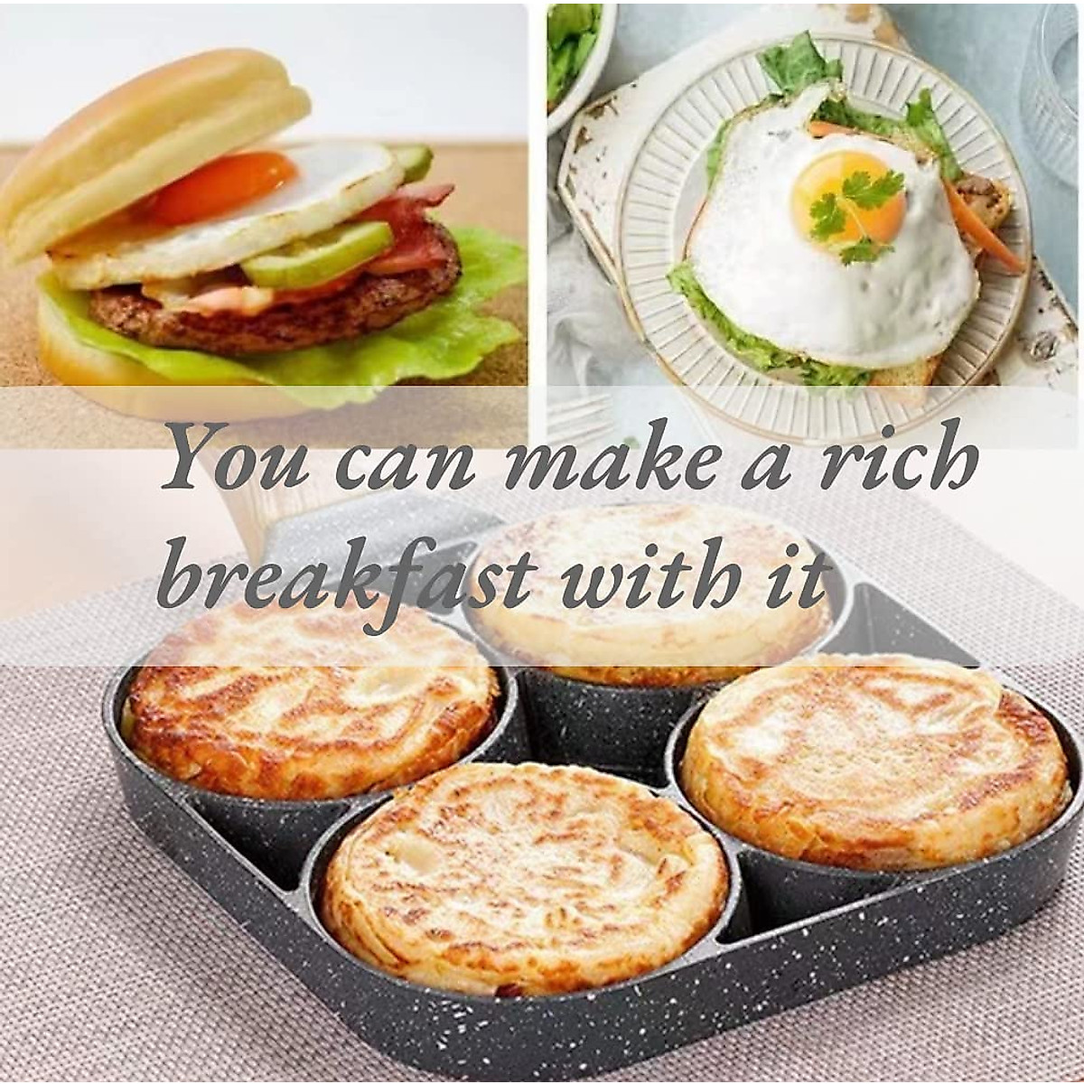 APPO 4 Hole Egg Pan, Non-Stick Pan with Wooden Handle, Work with Open Flame and Gas Stove, Suitable for Egg Burger, Grey Black, 15''L x 7.36'' W, each round egg area:3.5''Dia