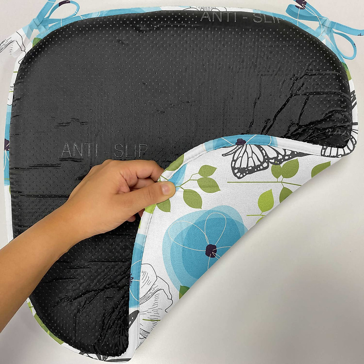 Lunarable Pale Blue Chair Seating Cushion Set of 6, Blue Poppies Butterfly Branches Leaves Botany Garden Nature Concept, Anti-Slip Seat Padding for Kitchen & Patio, 16"x16", Pale Blue Green White