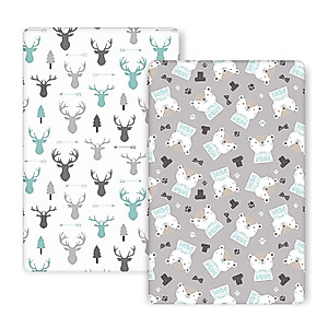GRSSDER Stretchy Ultra Soft Jersey Knit Fitted Pack n Play Sheets 2 Pack, Playard Sheets for Baby Girls and Boys, Universal Fit for Pack N Plays Safe and Snug, Cute Bear and Deer