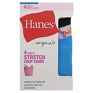 Hanes Girls' Big Crop Top Cami, Moisture-Wicking Cotton Stretch Tank, 4-Pack, Blue/Black/Pattern Assorted