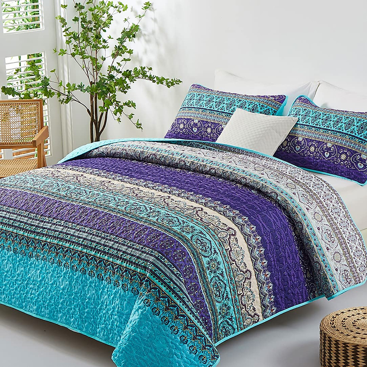 WONGS BEDDING Boho Quilt King Size, Blue Purple Bohemian King Quilt, Lightweight Microfiber Bed Decor Bedspread for All Season 103"x90"(3 Pieces)