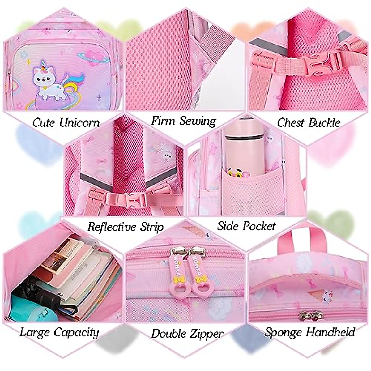 Dorlubel Girls Unicorn Backpack for Elementary School Bags Cute Love Heart Large Capacity Lightweight Bookbag(Purple Caticorn)