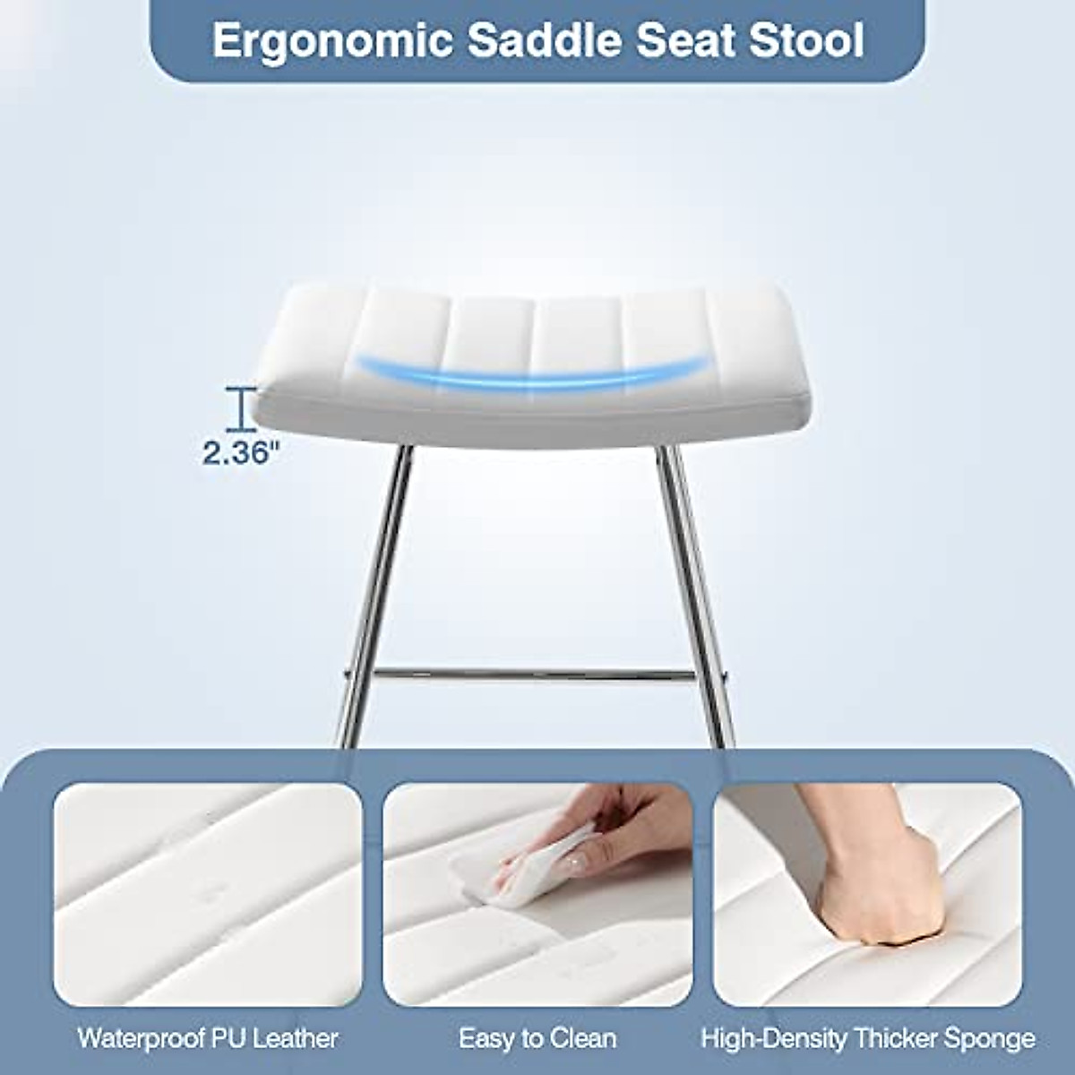 SICOTAS Bar Stools Set of 2 - Counter Height Bar Stools - 24 Inch Saddle Bar Stools - Modern Metal Bar Stools for Kitchen Counter - White Saddle Seat Barstools, Kitchen Island Stools - Chromed Base