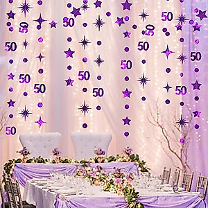 Purple 50th Birthday Decorations Number 50 Circle Dot Twinkle Star Garland Metallic Hanging Streamer Bunting Banner Backdrop for 50 Years Old Birthday Happy 50th Anniversary Fiftieth Party Supplies