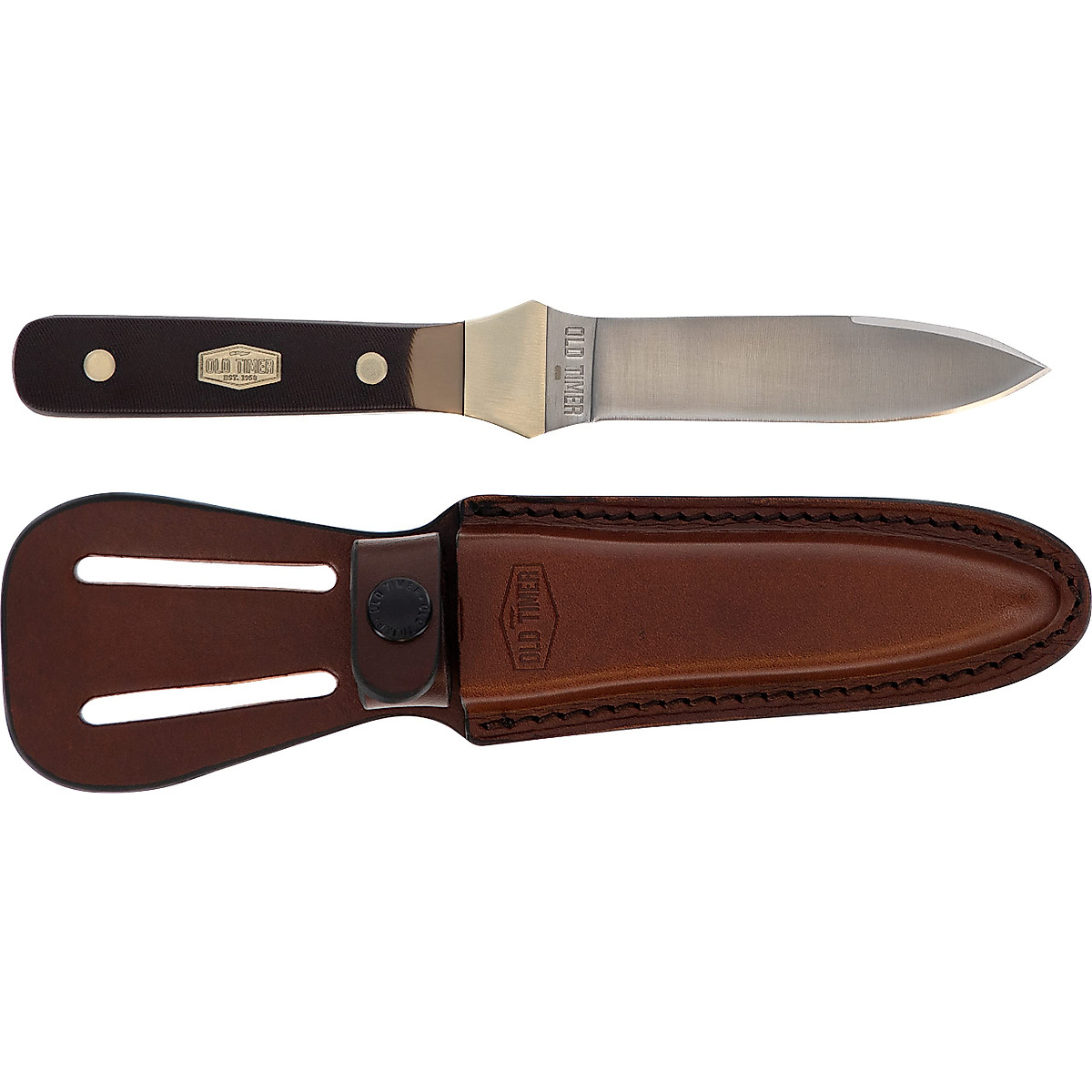 Old Timer 162OT Boot Knife 7.8in High Carbon Stainless Steel Full Tang Fixed Blade Knife with 3.8in False Edge Blade, Black Sawcut Handle, and Leather Belt Sheath for Camping, Hunting, and Outdoors