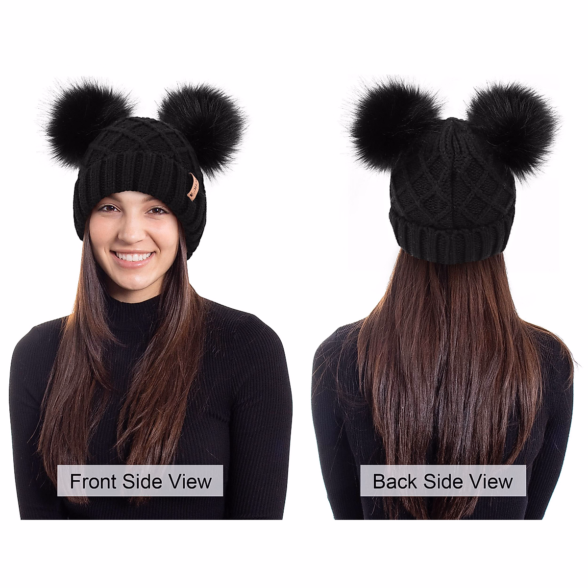 Arctic Paw Winter Cable Knit Fleece Lined Pom Pom Beanie for Women Black