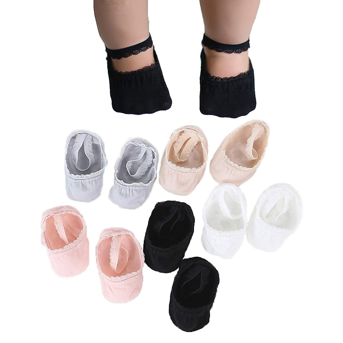 BEHELE Baby Girl Socks with Grips Lace Non-skid Toddler Socks Newborn Infants Anti Slip Skid Princess Mary Jane Dress Socks 0-3T 5 Pairs (S(3-12month))