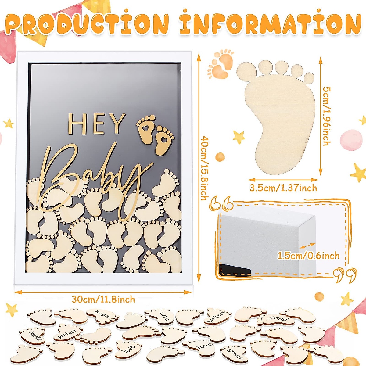 Unittype 71 Pcs Large Size Baby Shower Guest Book Alternative Baby Shower Sign in Guestbook Photo Frame with 70pcs Wood Chips Signature Keepsake for Baby Shower Favor Birthday Party(Grey, Footprint)