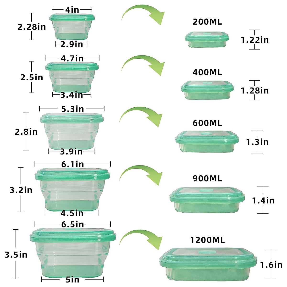 KVK 6 Pack Collapsible Food Storage Containers, Silicone Food Storage Containers With Lids, Green Reusable Collapsible Bowls For Camping, Outdoor Hiking Travel Storage and Mixing