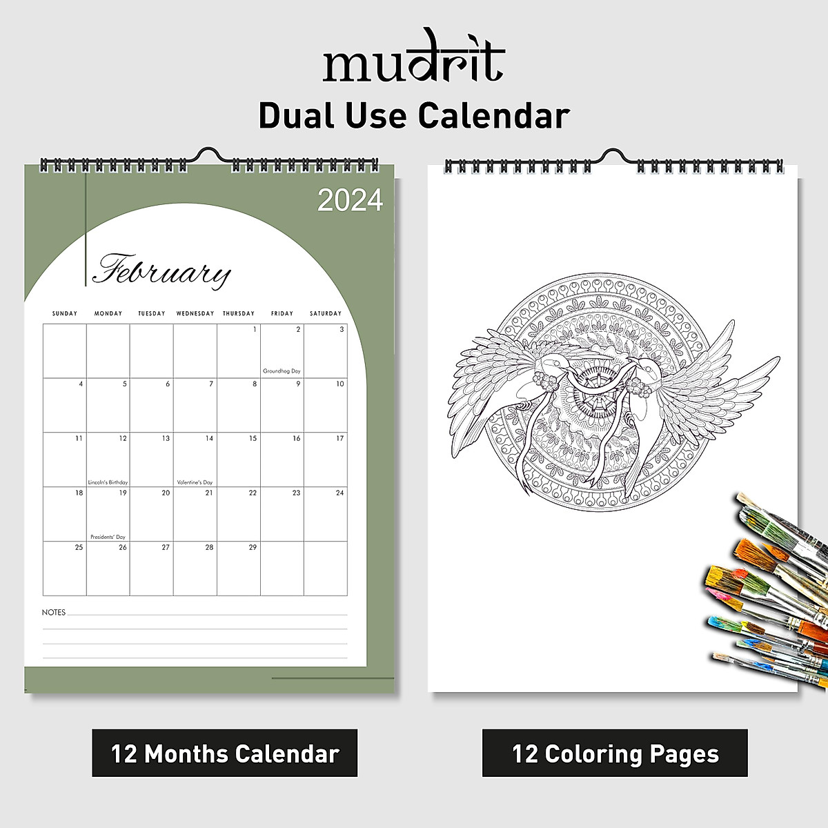 mudrit 2024 Wall Calendar, 12" X 17", 12 Monthly Calendar from Jan 2024 till Dec 2024, Spiral Bound for Office, Home, Family,Business, School Appointment Planning