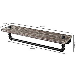 MyGift Rustic Torched Wood Small Bathroom Shelf Wall Mounted Industrial Metal Pipe Towel Bar