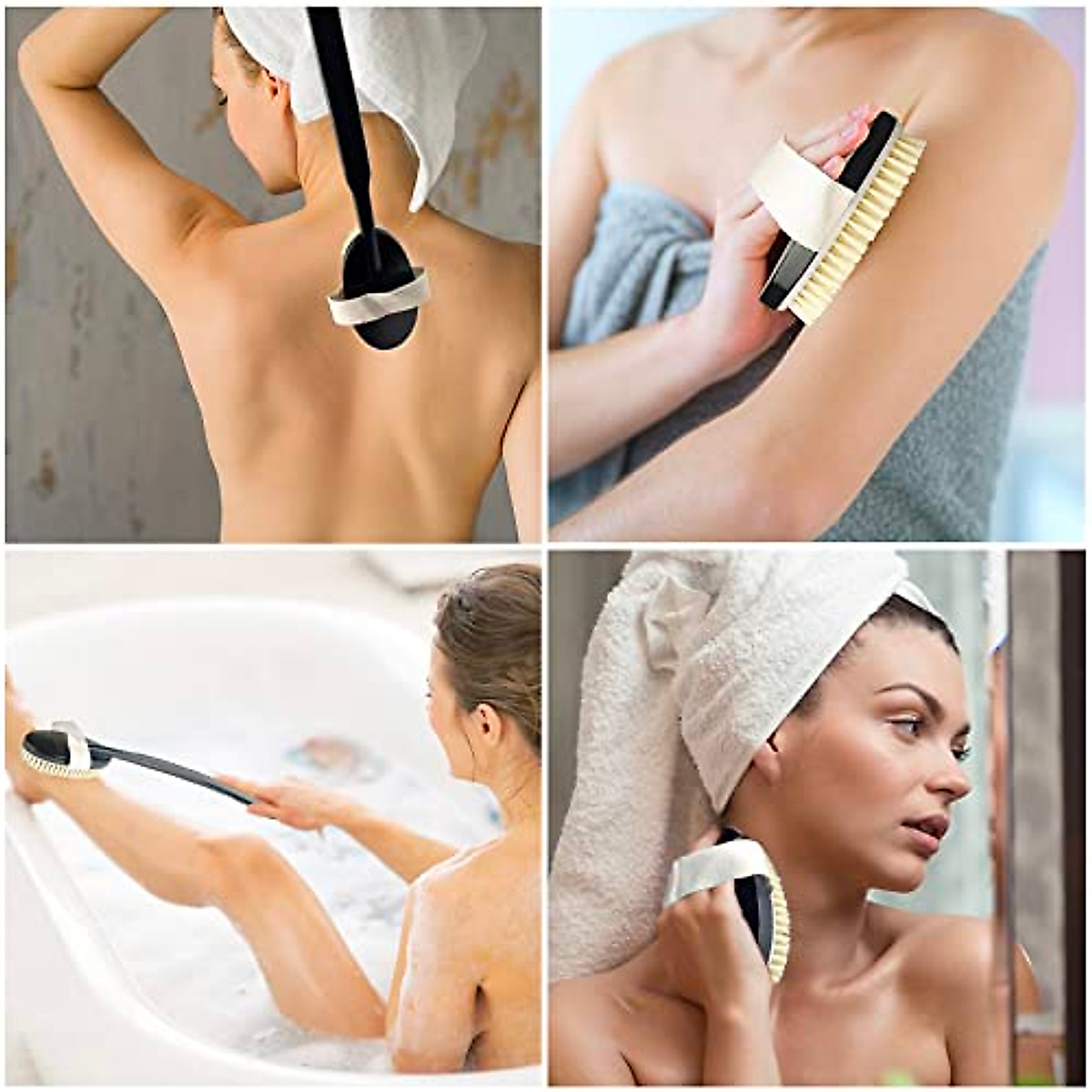 OWIIZI Black Bath Brush Wooden Curved Long Handle Body Brush for Exfoliating, Natural Bristle Shower Scrubber for Back Use Wet or Dry