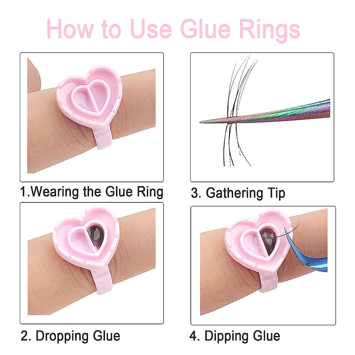Glue Rings for Eyelash Extension,300PCS Smart Lash Glue Rings,Disposable Eyelash Glue Holder Glue Cups Rings,Heart Shape Fan Blossom Volume Lash Glue Holder False Eyelash Lash Extension Supplies Pink