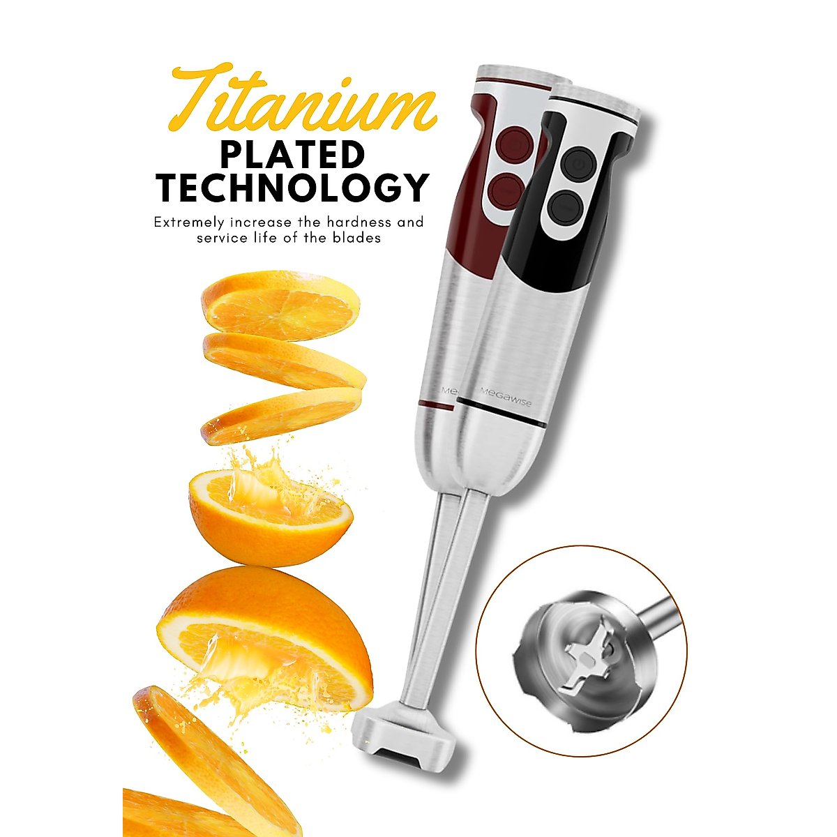 MegaWise Pro Titanium Reinforced 5 in1 Immersion Hand Blender, Powerful with 80% Sharper Blades, 12 Speed Corded Blender, Including 500ml Chopper, 600ml Beaker, Whisk and Milk Frother