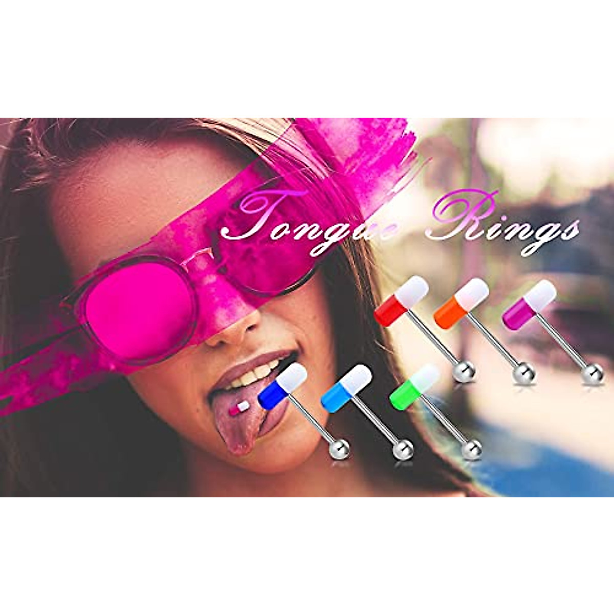 Melighting 10Pcs Pill Tongue Rings 14G Surgical Steel Tongue Piercing with Mix-Color Uv Shaped Tongue Ring with Ball Tongue Piercing Jewelry for Women Men Set