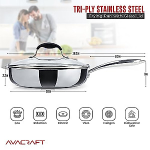 AVACRAFT 10 Inch Tri-Ply Stainless Steel Frying Pan with Lid, Side Spouts, Induction Pan, Versatile Stainless Steel Skillet, Fry Pan in our Pots and Pans (Tri-Ply Stainless steel,10 Inch)