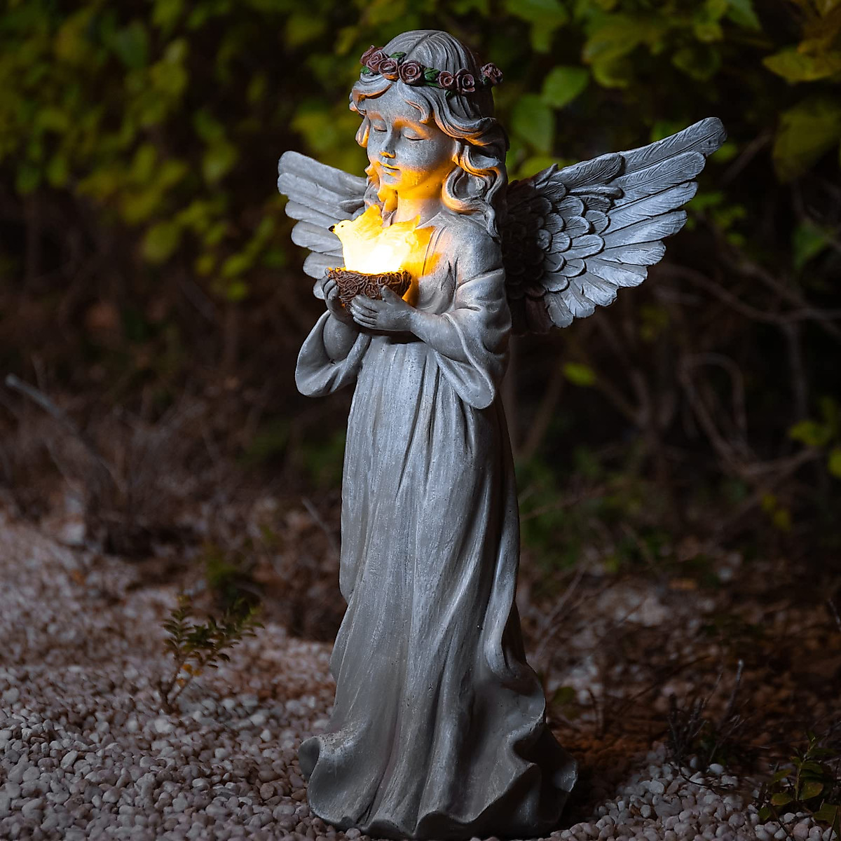 Ovewios Angel Garden Statue Outdoor Decor, Angel Garden Figurine Hold Dove with Solar Lights Waterproof Resin Yard Art Decoration Lawn Ornament Sculpture for Outside Patio Yard Gift