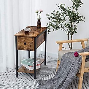 HOOBRO Side Table, 2-Tier Nightstand with Drawer, Narrow End Table for Small Spaces, Stable and Sturdy Construction, Wood Look Accent Furniture with Metal Frame, Rustic Brown and Black BF04BZ01