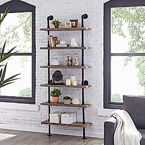 Danya B GH086 Industrial Decor - Modern Rustic 6-Tier Iron Pipe Wall Mount Ladder Shelving Unit in Distressed Wood Finish – Rustic Wood Bookshelf