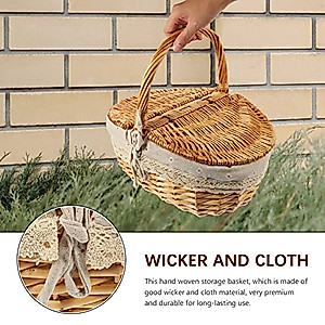 BESTonZON Wicker Storage Basket Wicker Picnic Basket with Gingham Liner Wooden Lid Easter Egg and Candy Basket Wine Basket Storage Basket for Beach Camping Park Outdoor Party Beige Storage Baskets