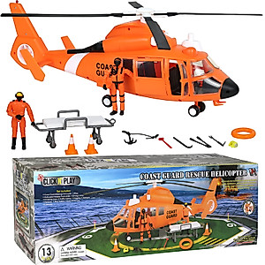 Click N' Play Toy Helicopter Set, Coast Guard Rescue Helicopter for Kids, 13-Piece Play Set Including Coast Guard Action Figures & Accessories, Orange