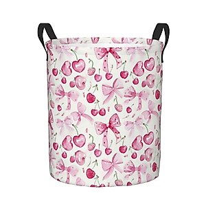 Delerain Pink Bows Cherries Laundry Basket, Waterproof Laundry Hamper with Handles, Collapsible Toy Bins Dirty Clothes Round Storage Basket for Home Bathroom Office Nursery, 19.6X15.7(M)
