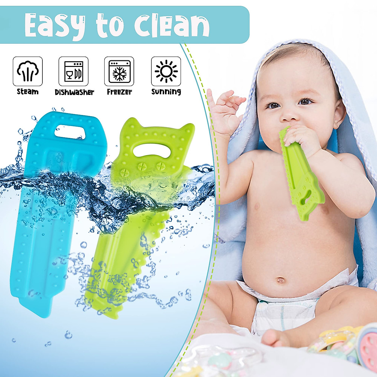 4Pcs Teething Toys for Babies, Soothe Babies Sore Gums BPA Free Silicone Teething Chew Toys with Pacifier Clip Infants Molar Teether Baby Shower Keepsake Gifts for 0-6 Months 6-12 Months