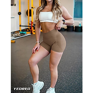 YEOREO Women Seamless High Waist Shorts Smile Contour Biker Shorts Gym Yoga Workout Mocha M