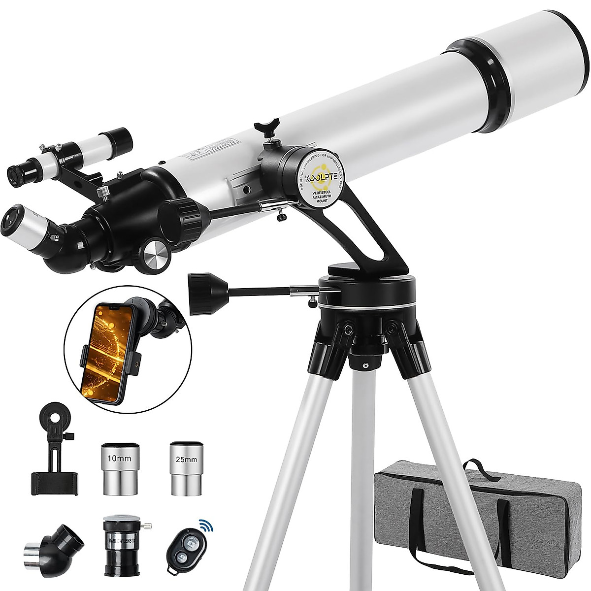 Telescope, 90mm Aperture 700mm - Vertisteel AZ Mounting Base, Highly Adjustable Telescopes, Ideal for Adults, Astronomers & Kids with Carrying Case, Wireless Remote, Phone Adapter (White)
