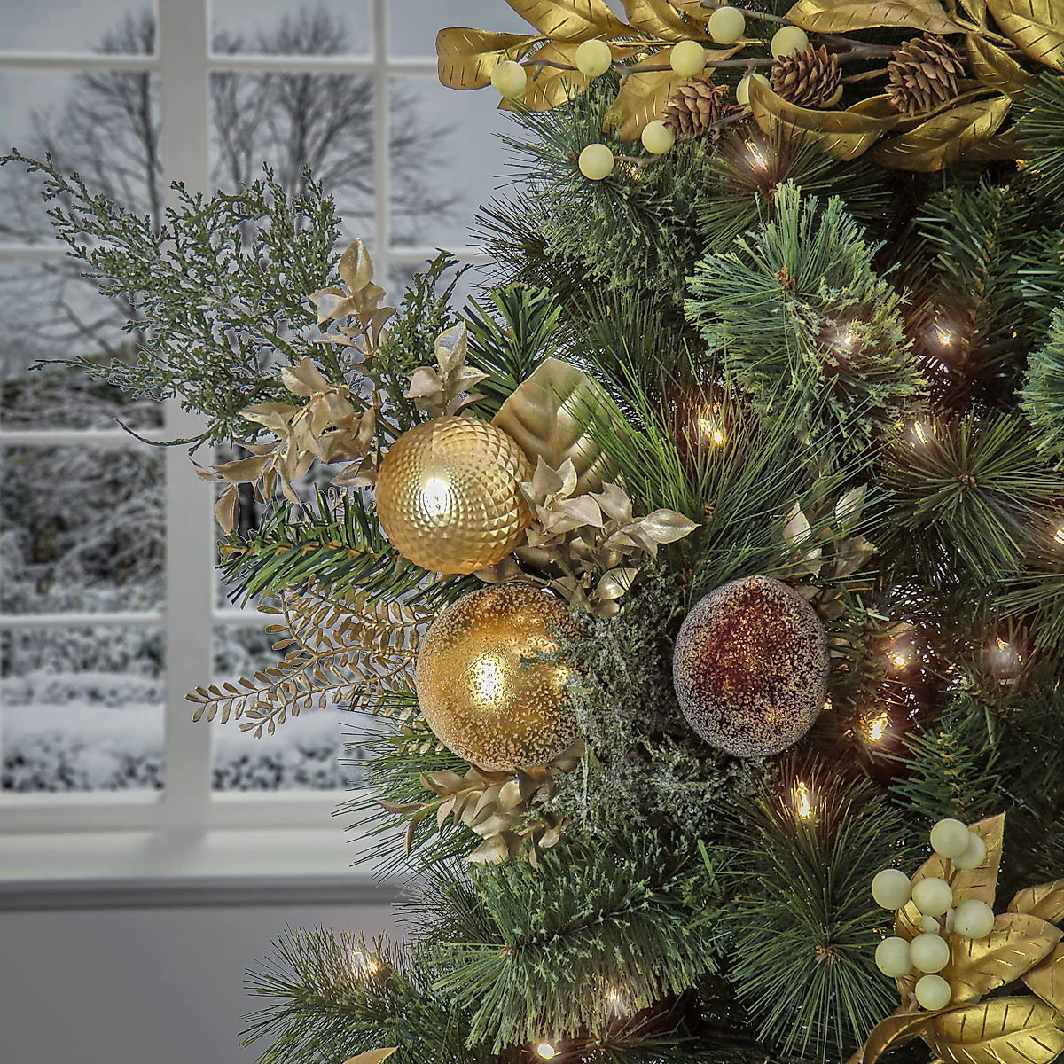 HGTV Home Collection Artificial Christmas Plants Spray Decoration, Mixed Branch Tips, Decorated with Gold Berry Clusters, Pine Cones, Pack of 2, Champagne Wishes Collection, 28 Inches