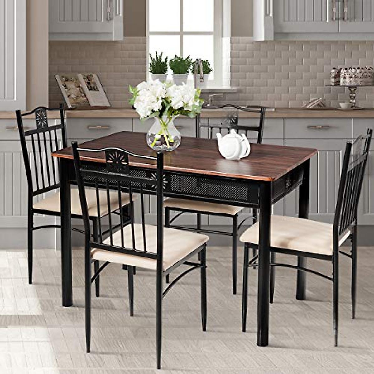 Tangkula 5 Piece Dining Table and Chairs Set Vintage Retro Wood Top Metal Frame Padded Seat Dining Table Set Home Kitchen Dining Room Furniture
