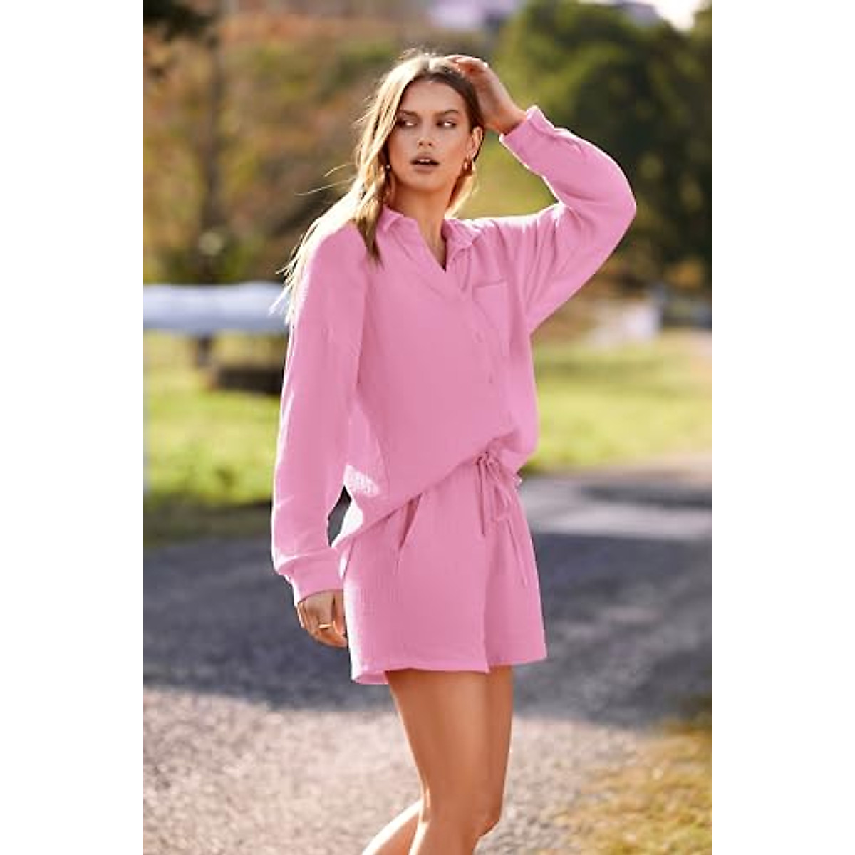 PRETTYGARDEN Women's 2 Piece Tracksuit Outfit Long Sleeve Blouse High Waisted Drawstring Shorts Loungewear Set (Pink,Medium)