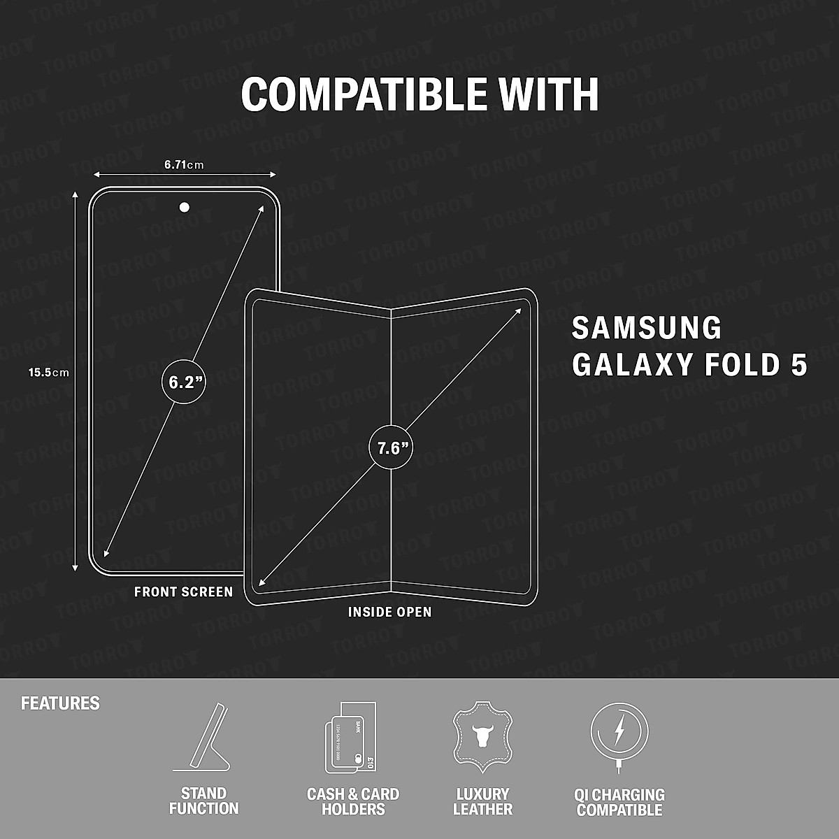 TORRO Phone Case Compatible with Samsung Galaxy Z Fold5 – Premium Leather Wallet Case with Stand Function and Card Slots (Black)