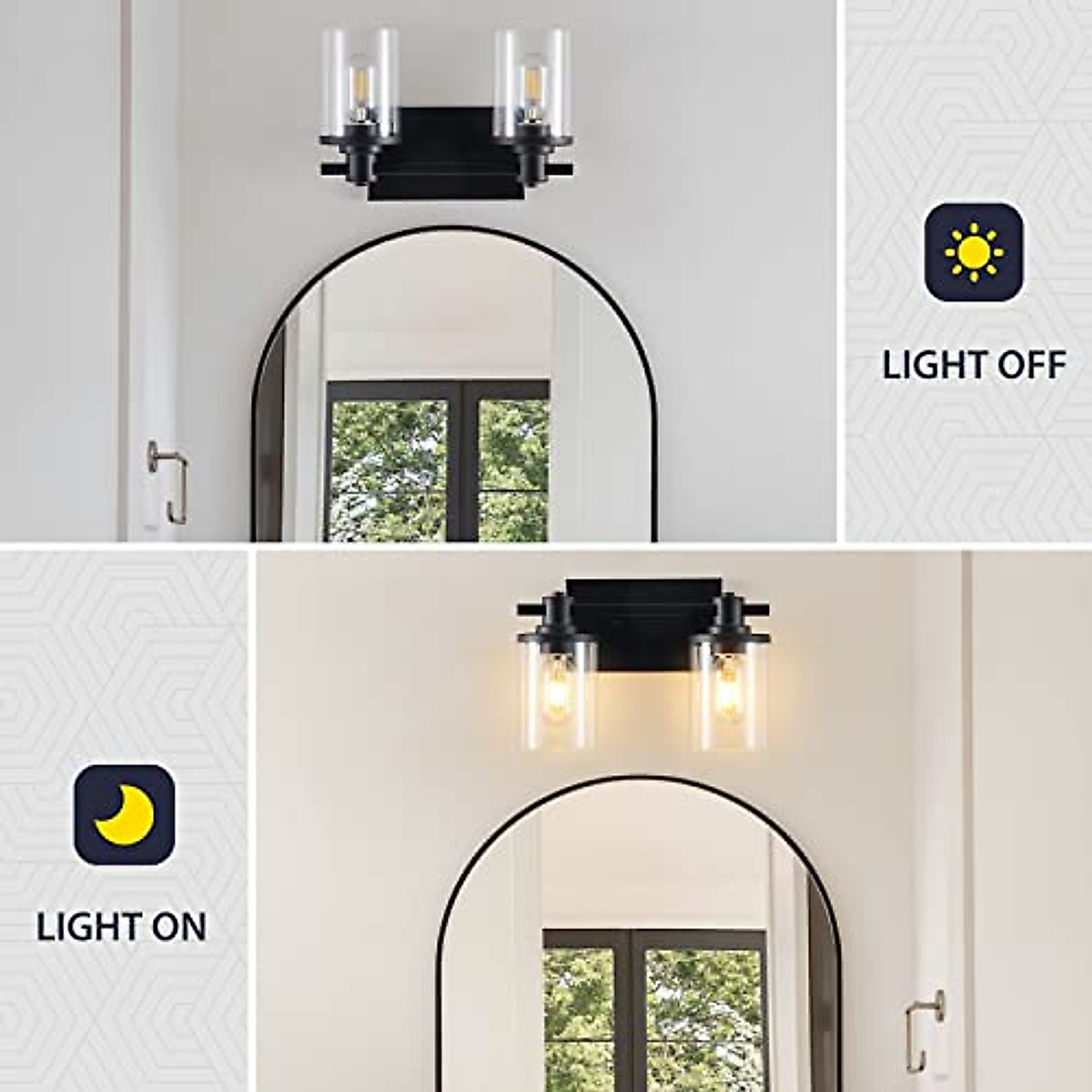 2 Light Bathroom Vanity Light, Modern Matte Black Bathroom Vanity Light Fixtures with Clear Glass Shade, Vintage Wall Sconces Lighting, Modern Bath Wall Mounted Lights for Bathroom Over Mirror