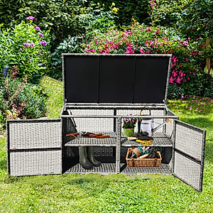 DORTALA Storage Box Patio Wicker Storage Bin Deck Box Cabinet w/Steel Frame, Deck Storage Container w/88 Gallon Capacity and Shelf for Furniture Tools in Garden Balcony Porch Yard, Gray